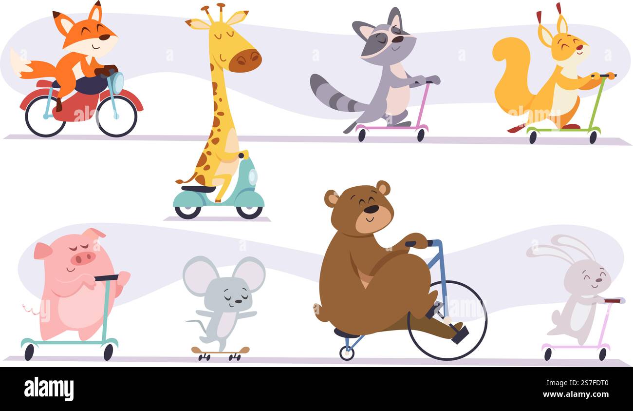 Animals riding. Cute funny wild characters riding bikes cars and ...