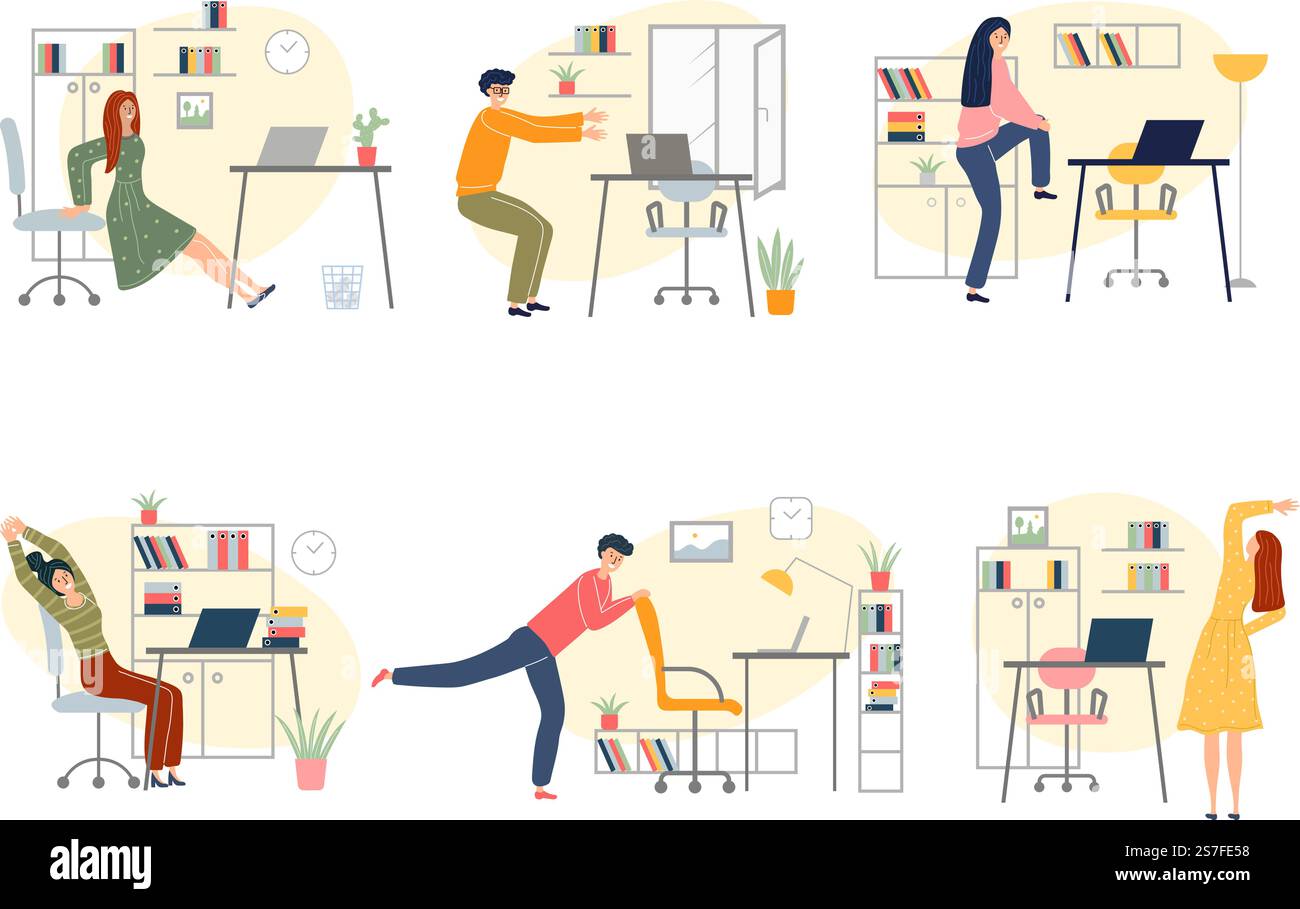 Exercises at work. Freelancers making sport exercises at workplace ...
