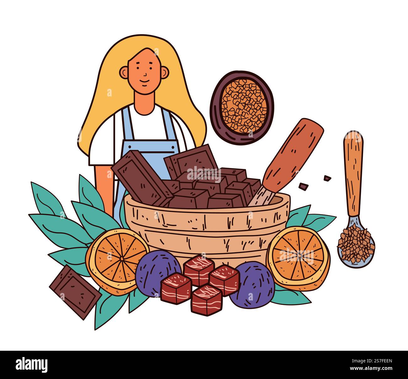 Chocolate making scene woman with ingredients including chocolate bars ...