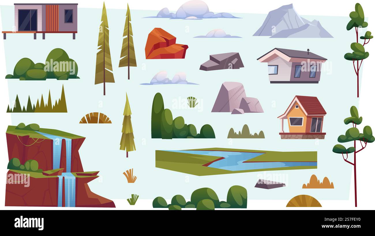 Landscape creation kit. Trees grass plants mountains and sand exact vector cartoon constructor ...