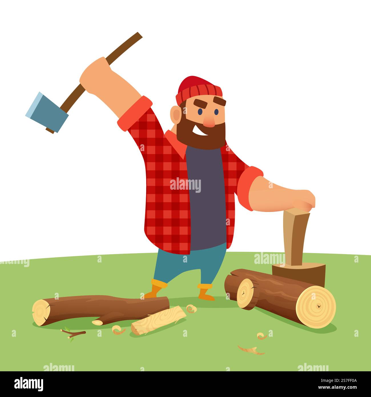 Lumberjack. outdoor character lumberjack smashing wood with big axe. vector people. Illustration ...