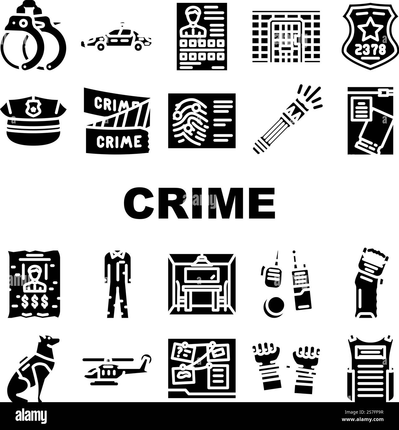 crime scene police criminal icons set vector. evidence murder ...