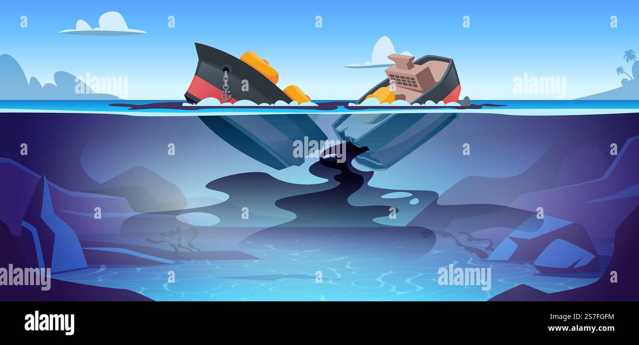 Crash accident in water. Broken sea sailor ship damaged and explosion ...