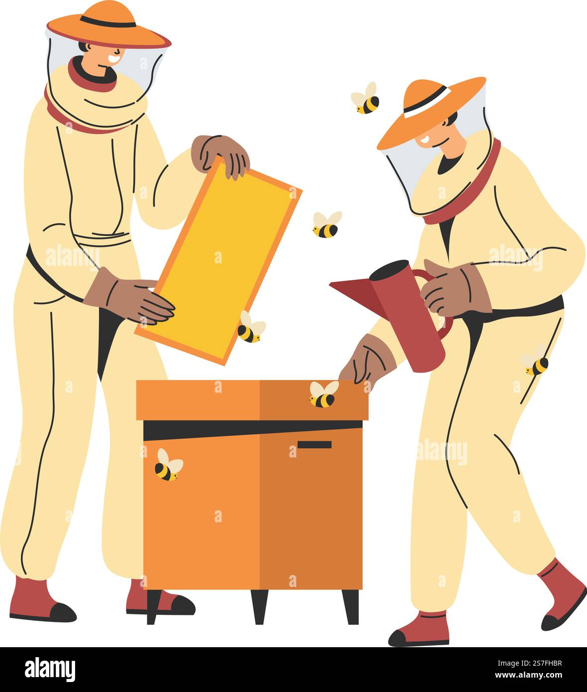 People working with hives, honey production, and beekeeping. Isolated ...