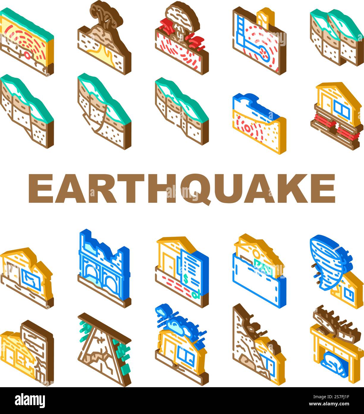 earthquake damage destruction icons set vector. quake disaster, map ...