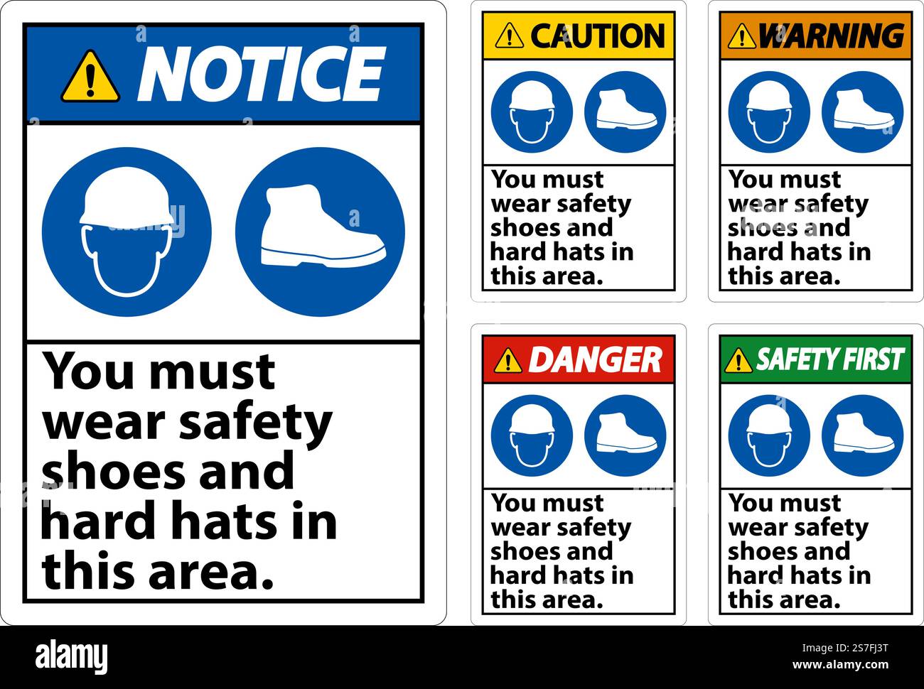 Warning Sign, You Must Wear Safety Shoes And Hard Hats In This Area ...