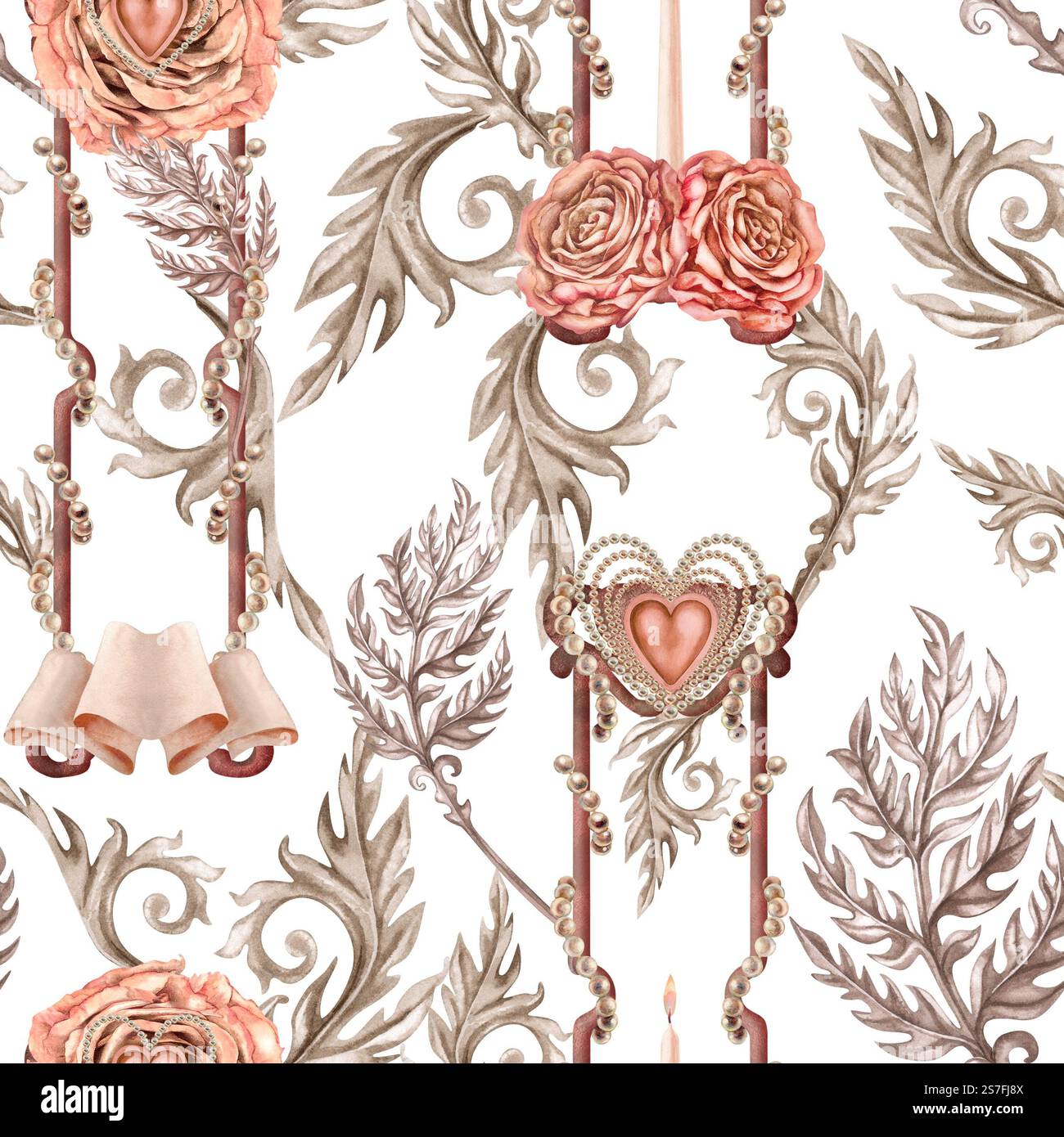 Seamless pattern with vignettes and roses in baroque style. Pastel pink ...