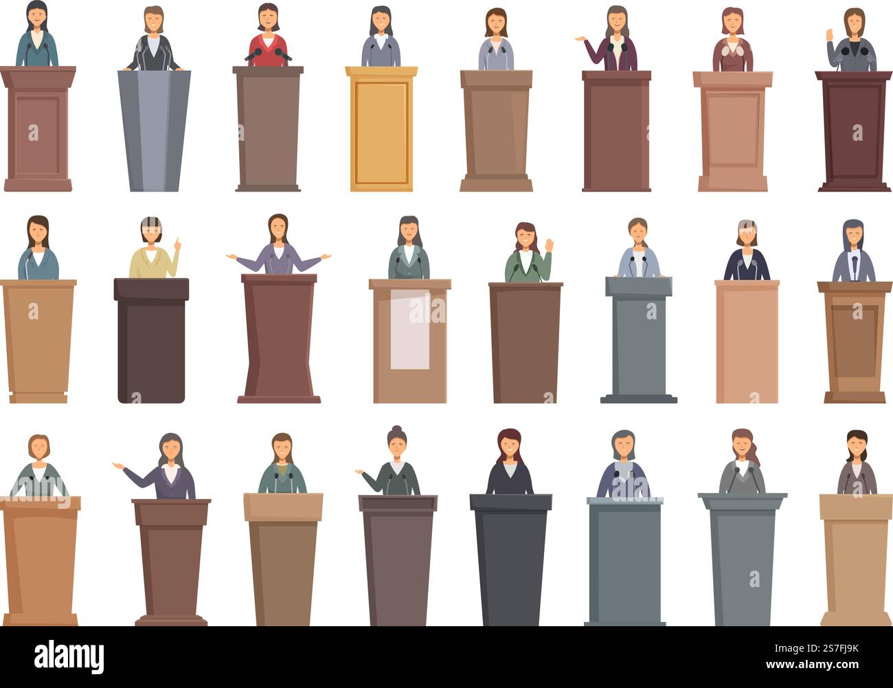 Woman president icons set cartoon vector. Podium speaking. Leader ...