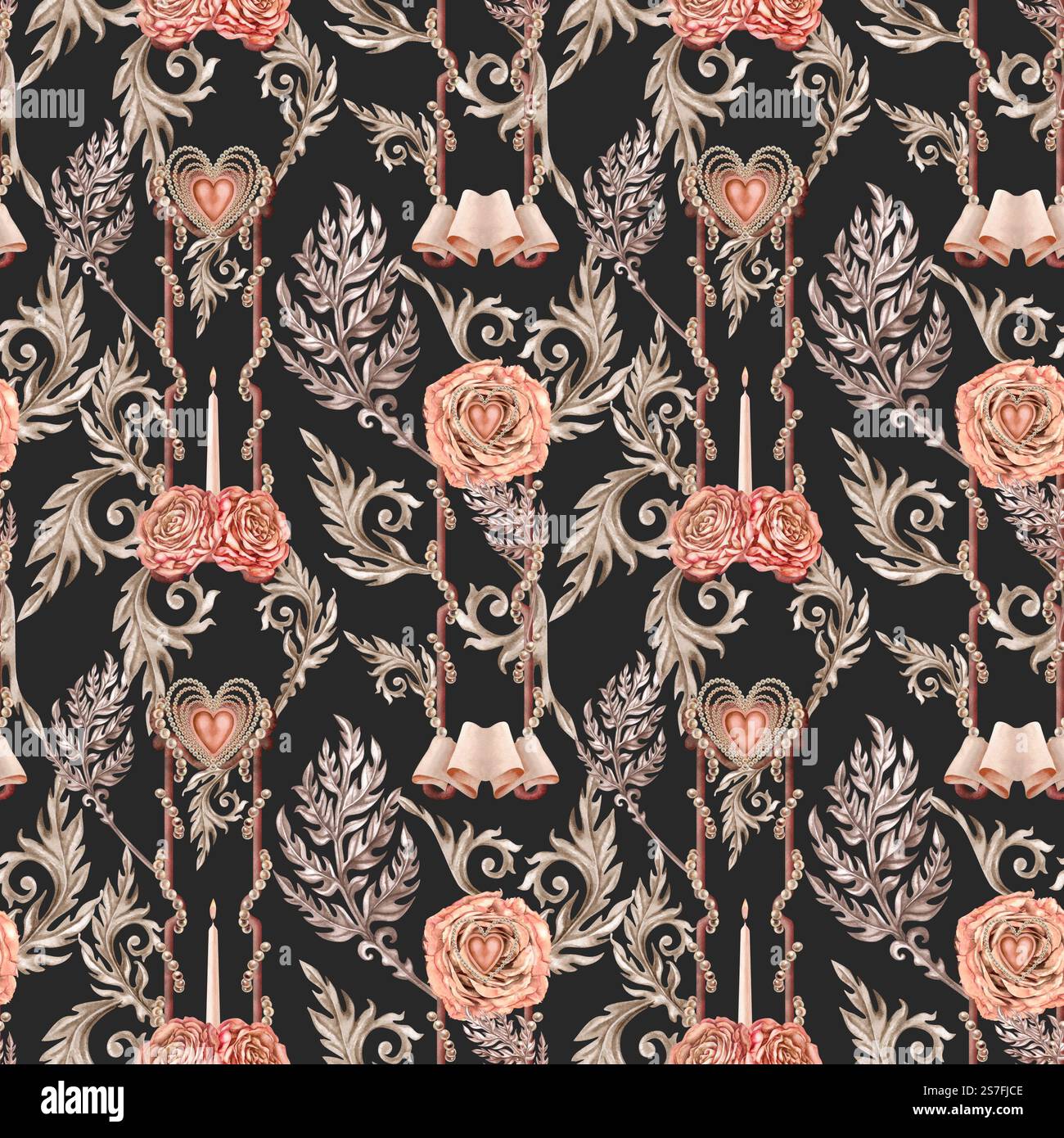 Seamless pattern with vignettes and roses in baroque style. Pastel pink ...