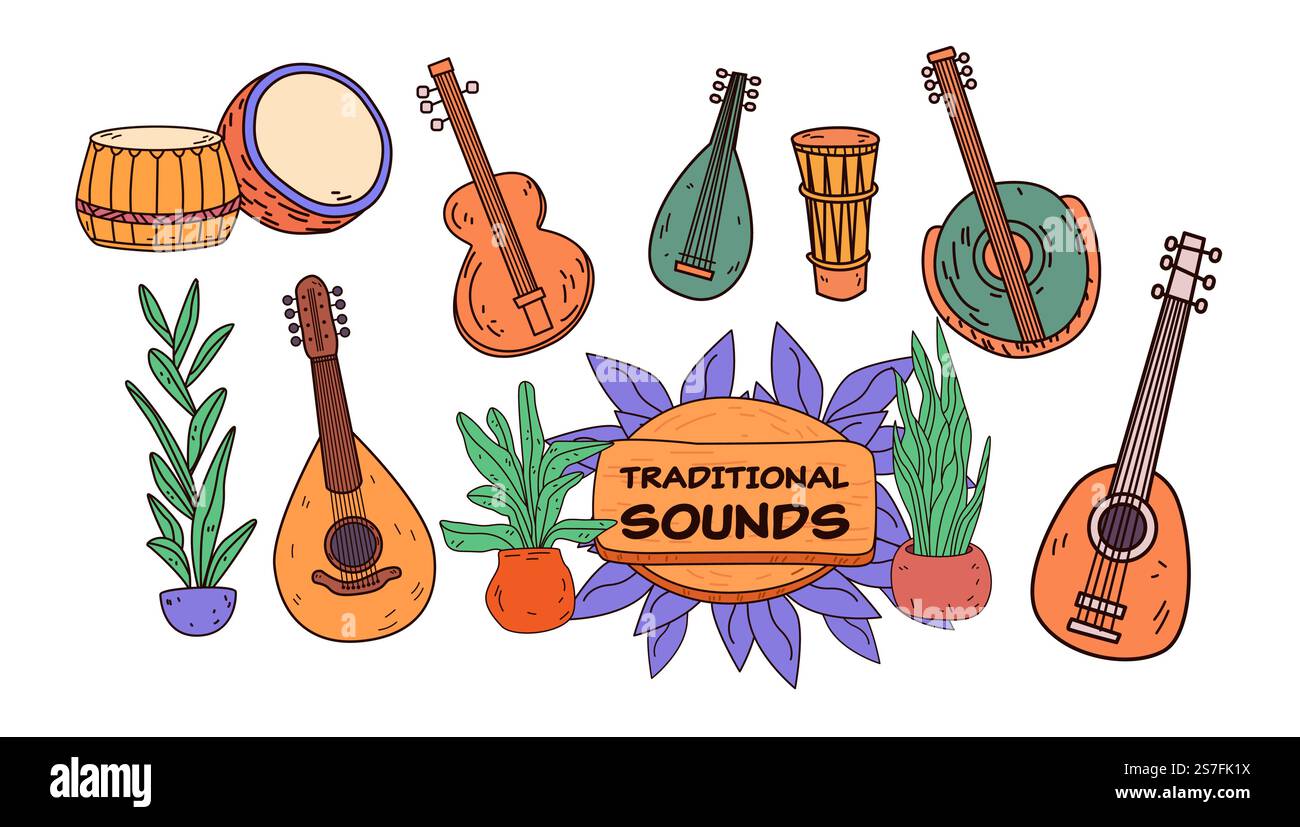 Traditional musical instruments and plants colorful hand-drawn guitars ...