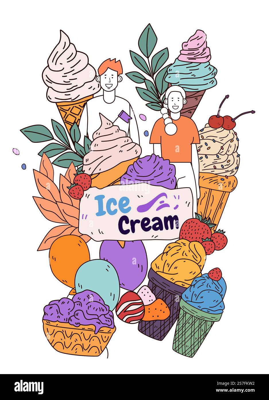 Ice cream theme colorful cones and scoops with people leaves balloons ...