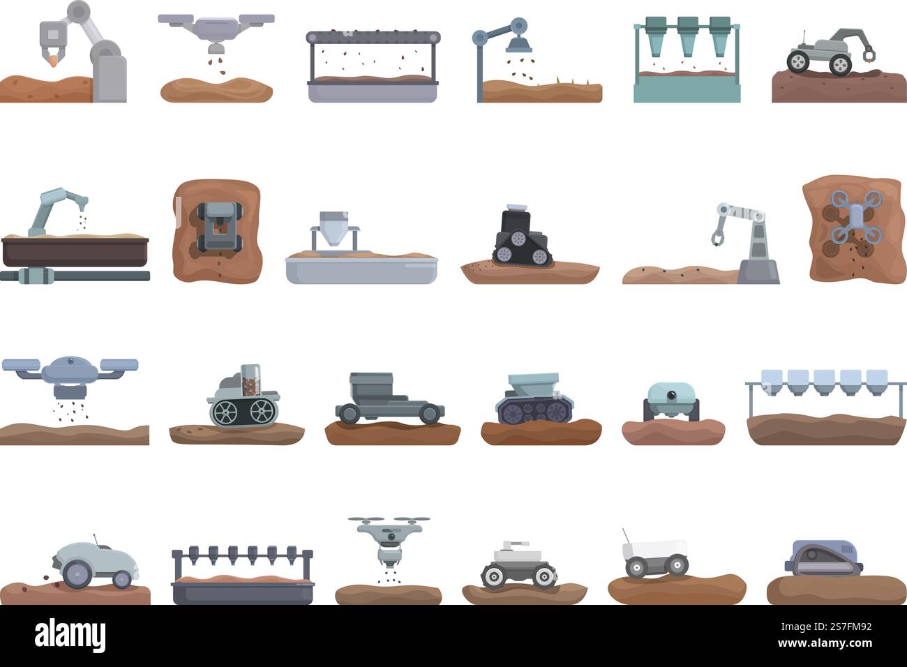 Automated plant seeding icons set cartoon vector. Nature farm. Robot ...