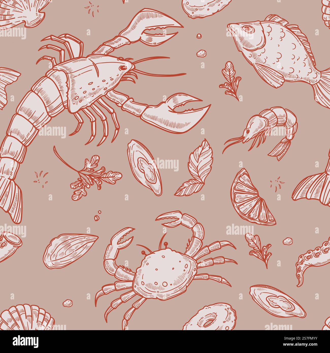 crabs and oysters, fish and lobster, shells and min, slice of lemon for ...