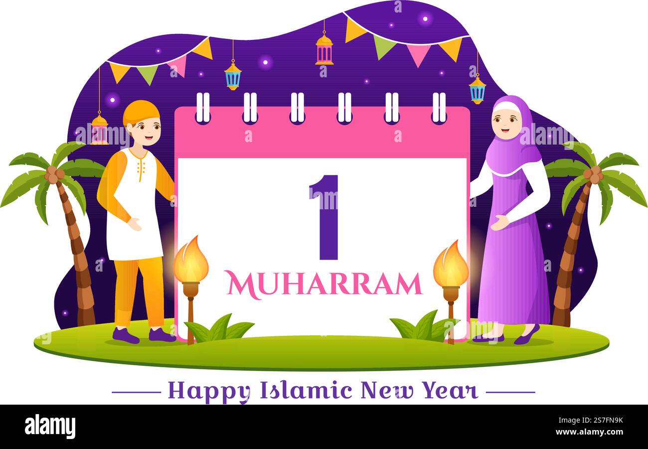 Happy Muharram Islamic New Year Vector Illustration with Kids Muslims ...