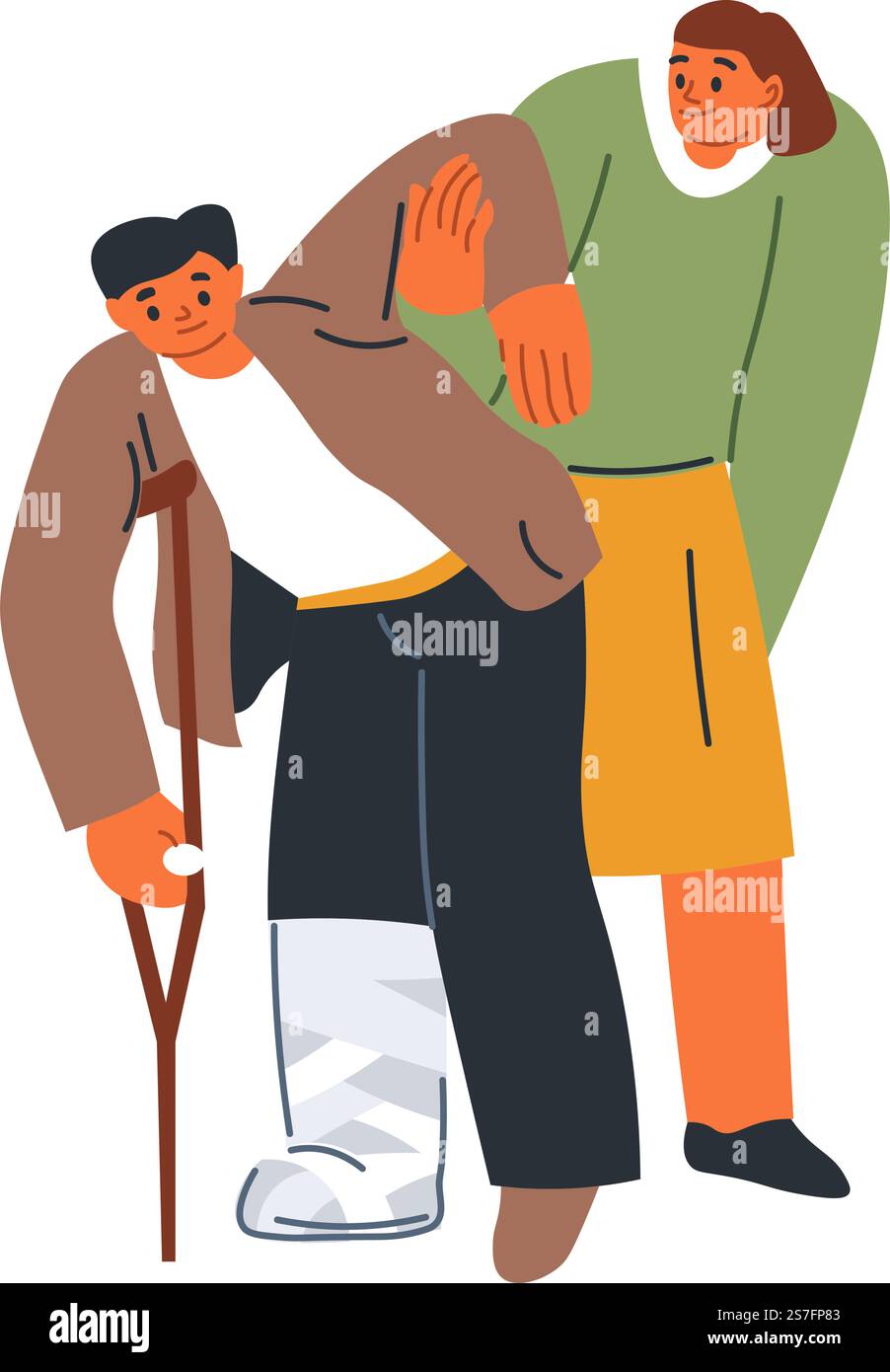 Woman personage helping disabled man walking on crutches to move ...