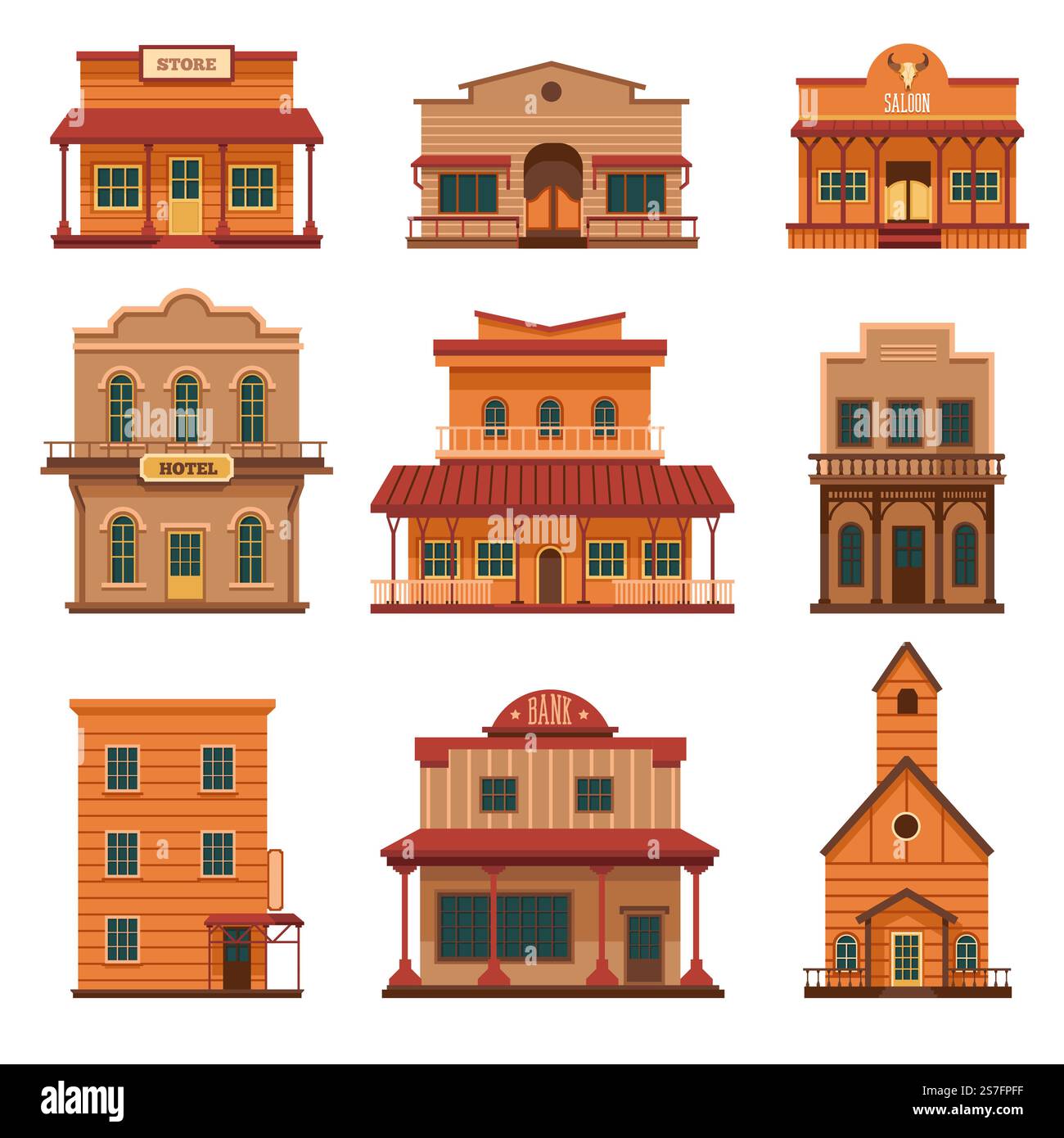 Wooden buildings in wild west architecture design. Bank and apartment ...