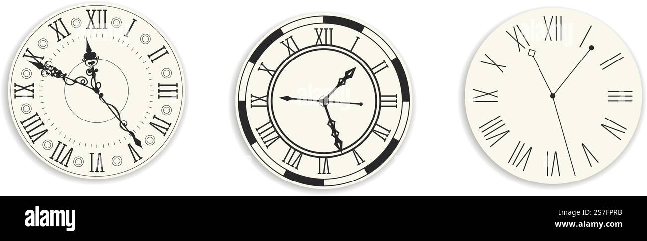 Vintage clocks and watches, faces with roman numbers, hands with curves ...