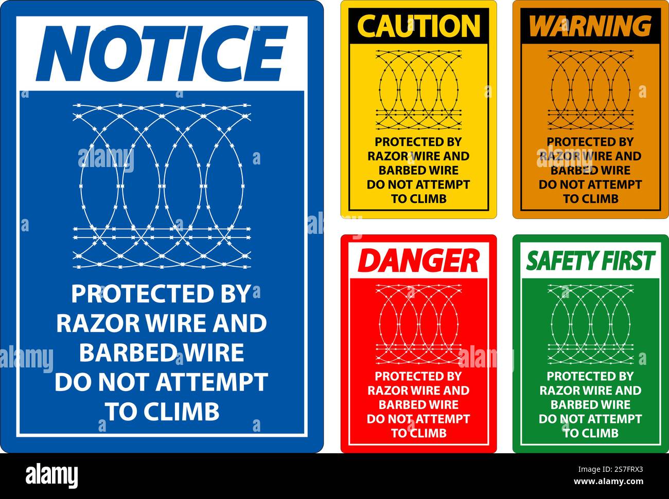 Danger Protected By Razor Wire and Barbed Wire, Do Not Climb Sign Stock ...