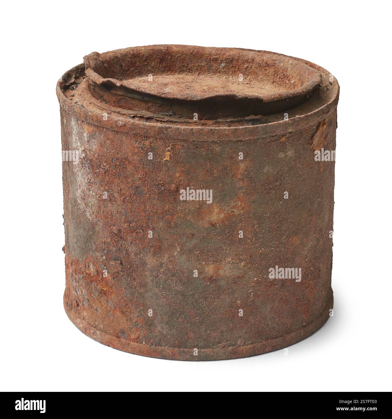 close-up of reddish brown color old rusty tin can isolated white ...