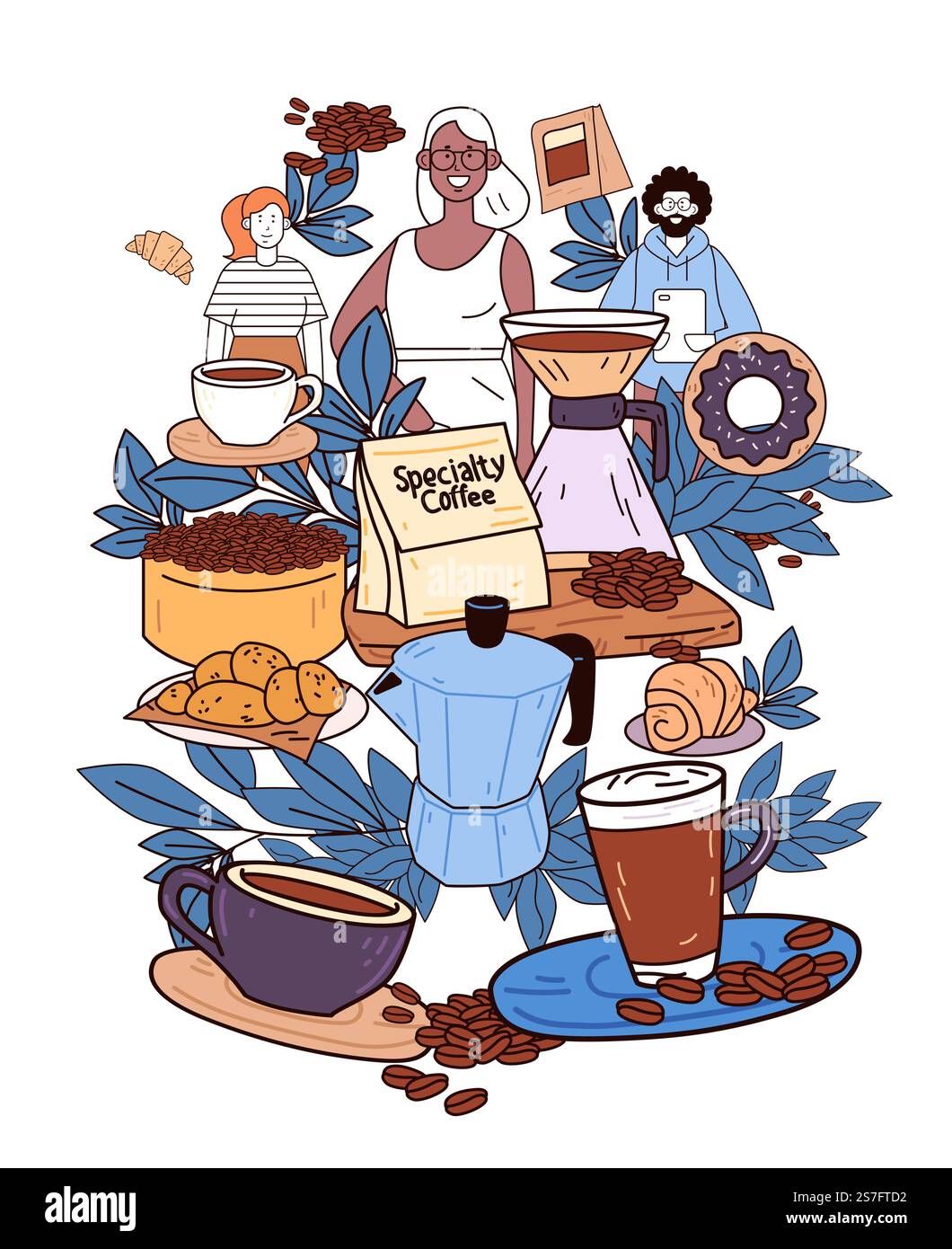 Specialty coffee shop scene diverse people brewing. Characters enjoying ...