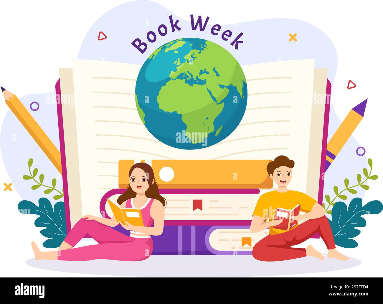 Book Week Events Vector Illustration with People Reading or Students ...