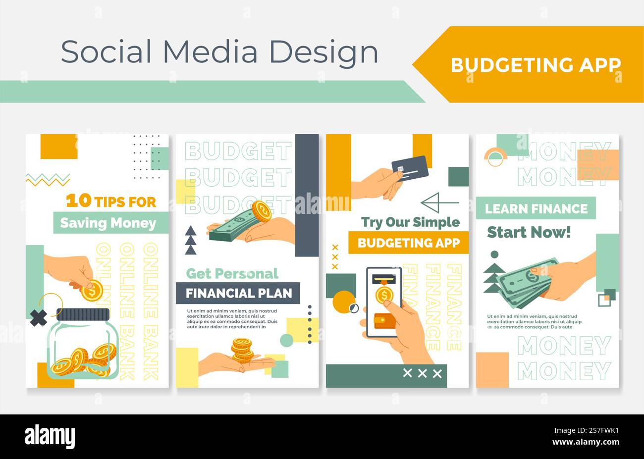 Social media stories set with budgeting app promo. Network web page ...
