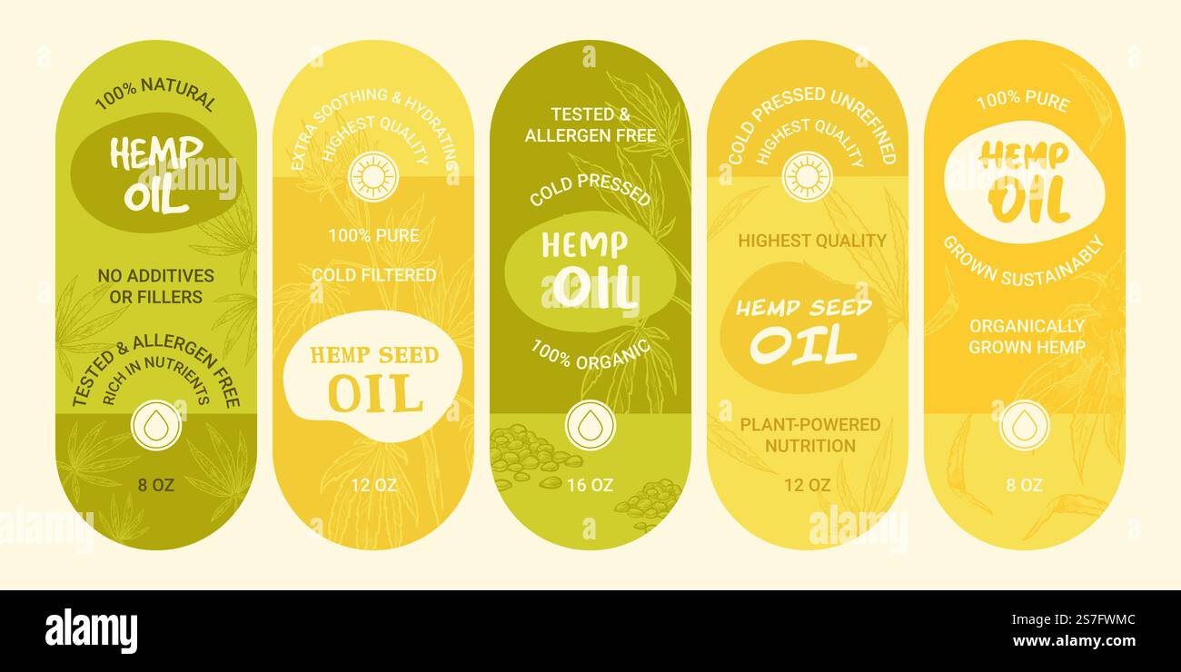 Product package design set for hemp seed oil. Sticker collection with ...