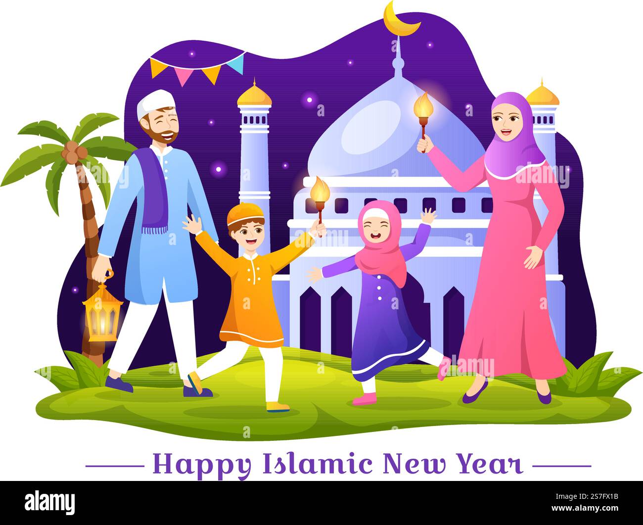Happy Muharram Islamic New Year Vector Illustration with Kids Muslims ...