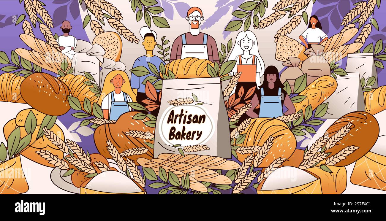 Artisan bakery bread bakers wheat theme colorful bakery products people ...