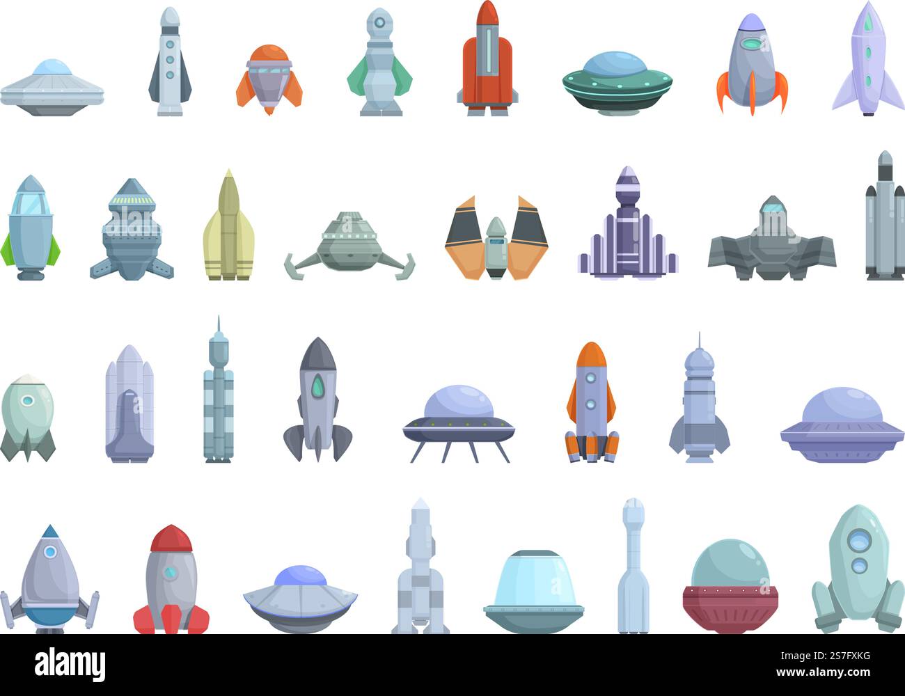 Spaceship icons set cartoon vector. Rocket space. Futuristic spacecraft. Spaceship icons set ...