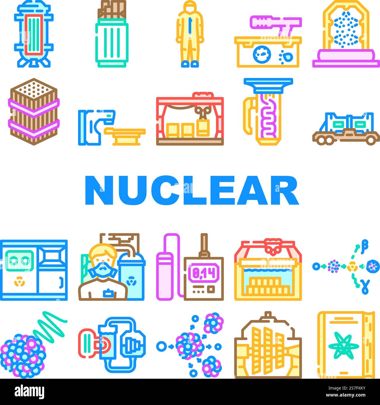 nuclear energy power reactor icons set vector. electricity radioactive ...