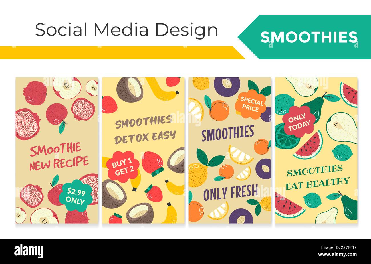 Social media design set with smoothies advertising. Network story ...