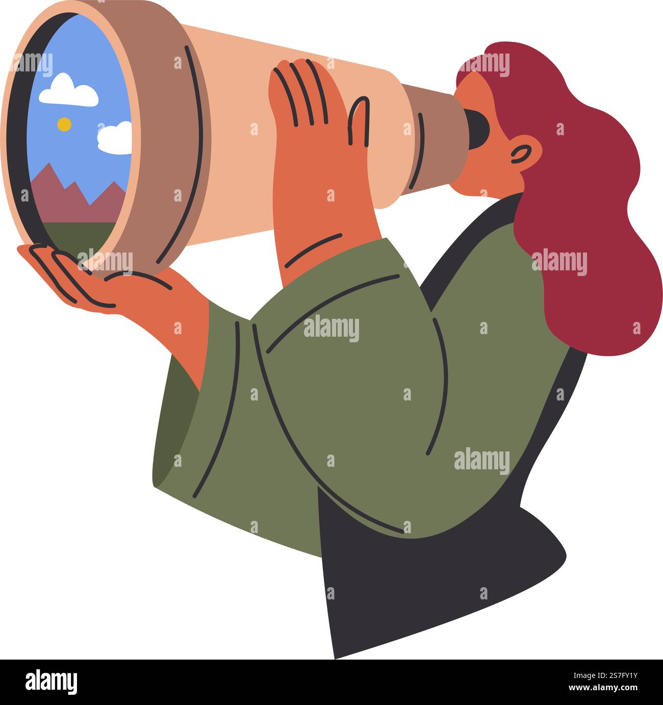 Female character looking at distant objects through telescope. Woman ...