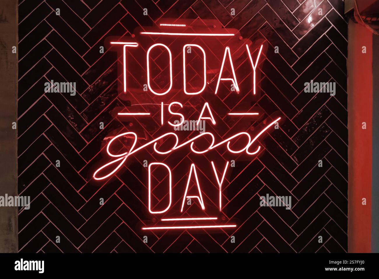 Red neon light shaped into the short phrase : Today is a good day Stock ...