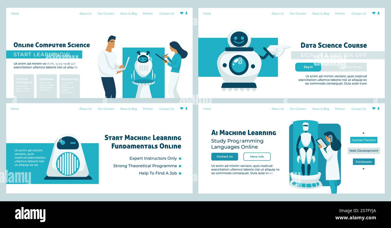 Web banner set for machine learning course offer. Flat man woman ...
