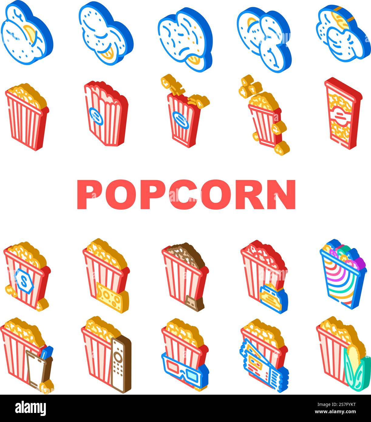 popcorn food snack cinema icons set vector. movie corn, pop bucket ...