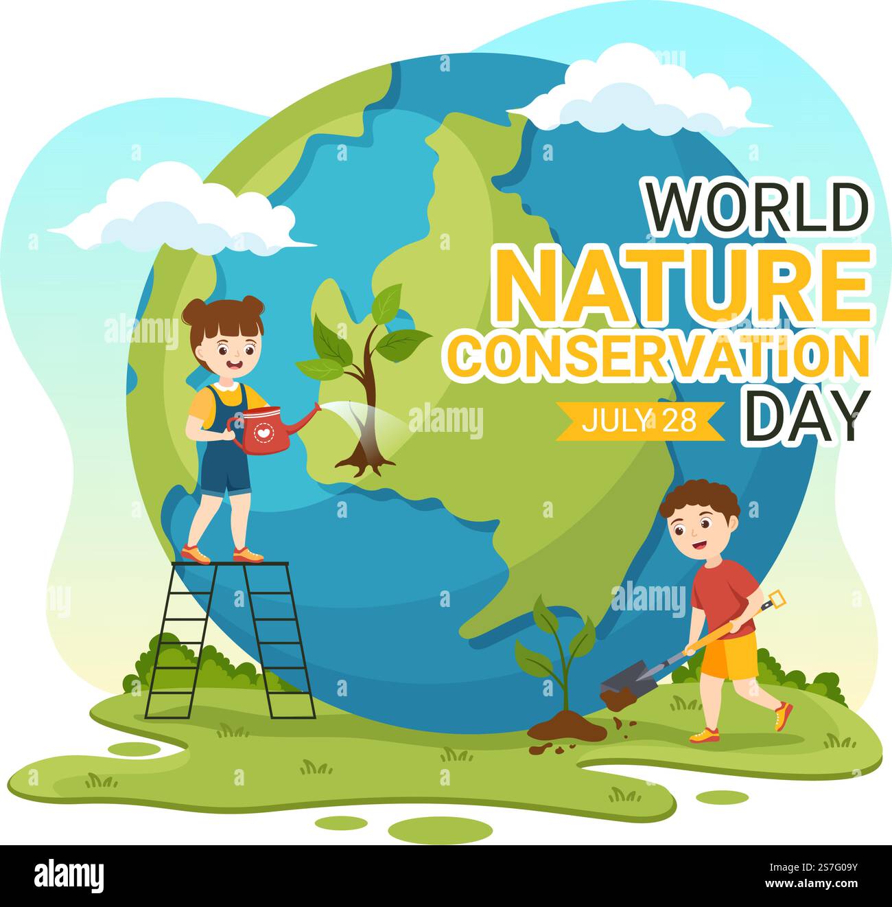 World Nature Conservation Day Vector Illustration with Kids, World Map ...