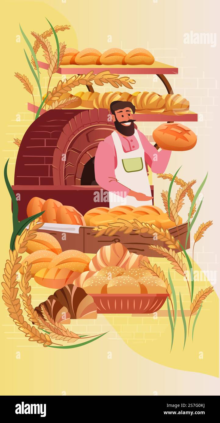 Baker holding bread in rustic bakery scene with a variety of fresh ...