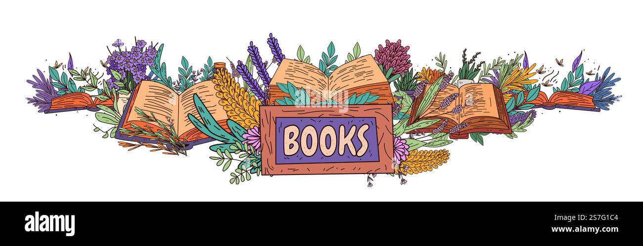 Books nature theme open books surrounded by colorful flowers and leaves creating an enchanting ...