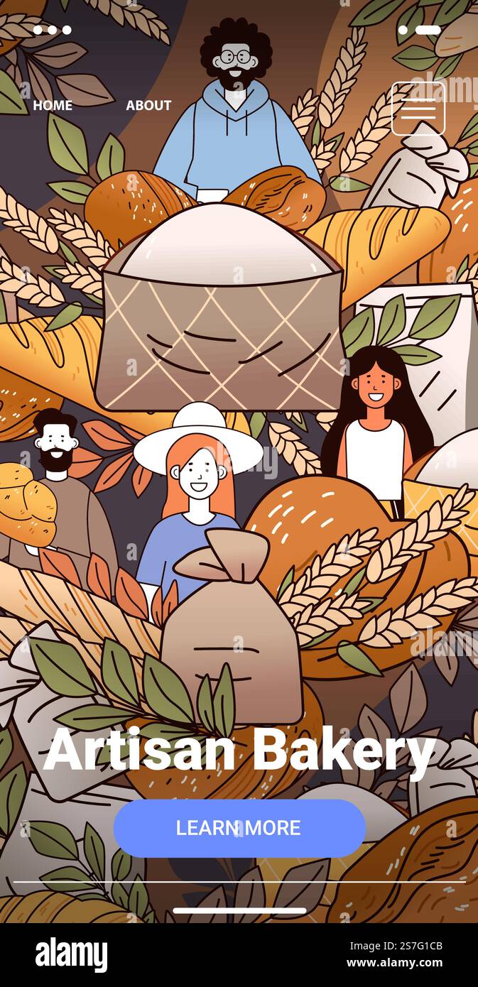 Artisan bakery theme with diverse bakers. Colorful bread wheat and ...