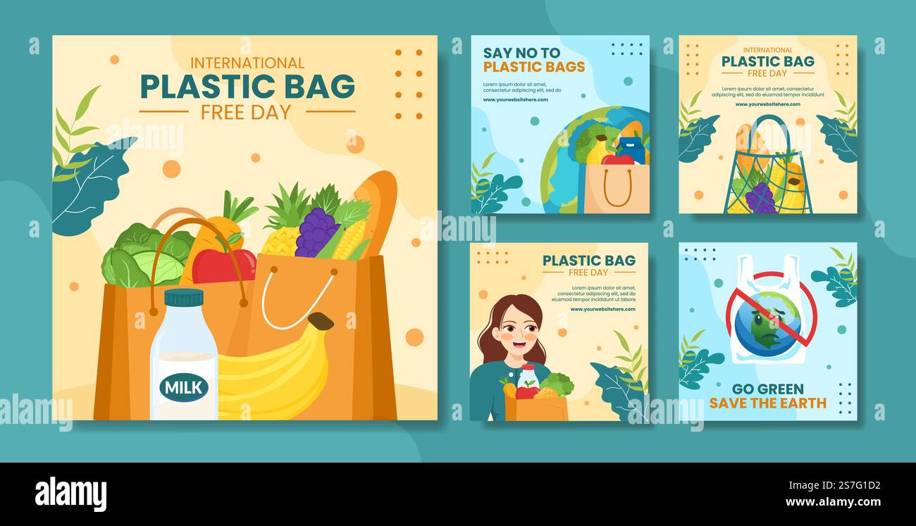 International Plastic Bag Free Day Social Media Post Flat Cartoon Hand ...