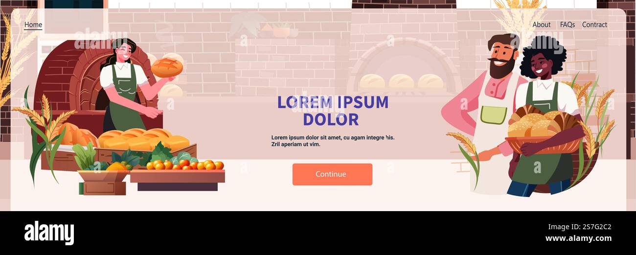 Bakery scene with bakers holding bread smiling near a brick oven ...