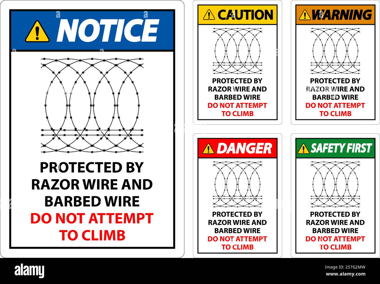Danger Protected By Razor Wire and Barbed Wire, Do Not Climb Sign Stock ...