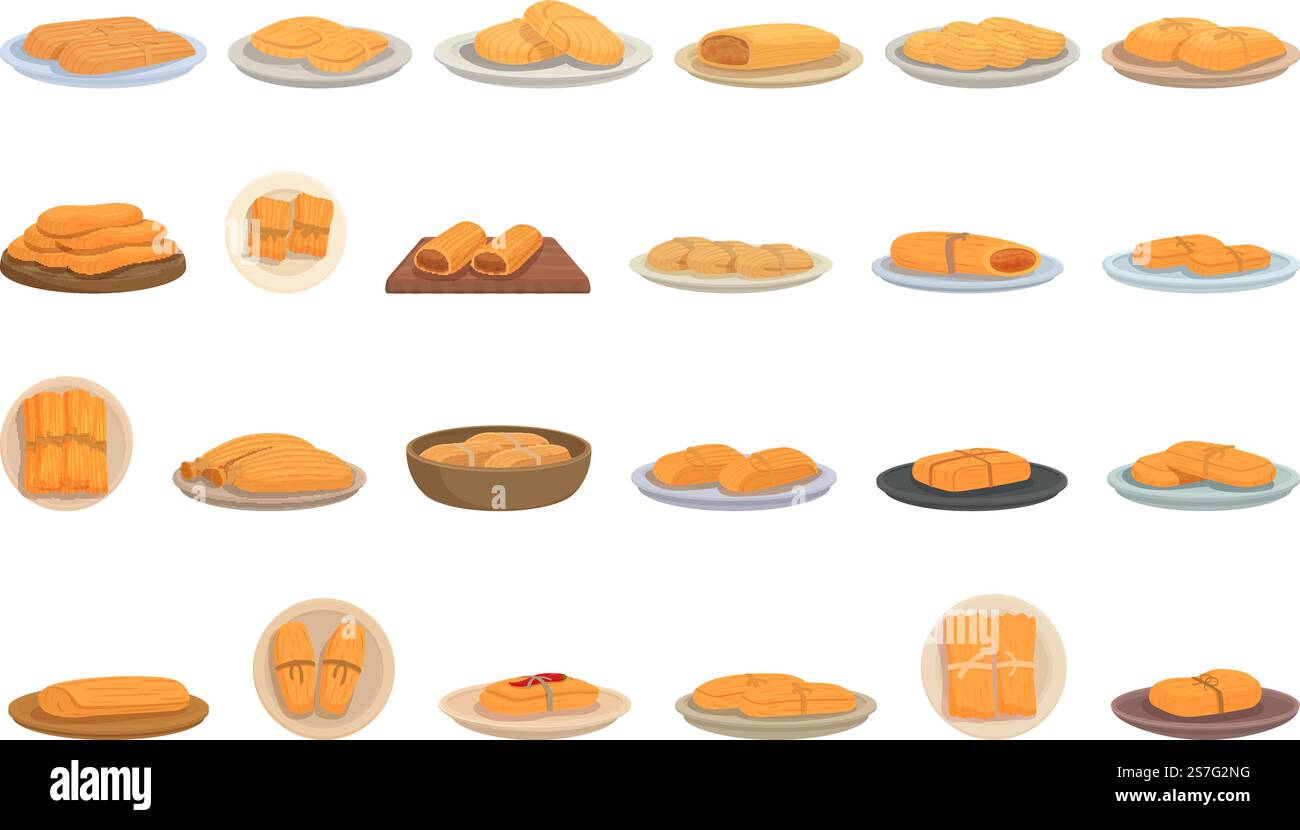 Tamales icons set cartoon vector. Food cooking. Leaf chicken. Tamales ...