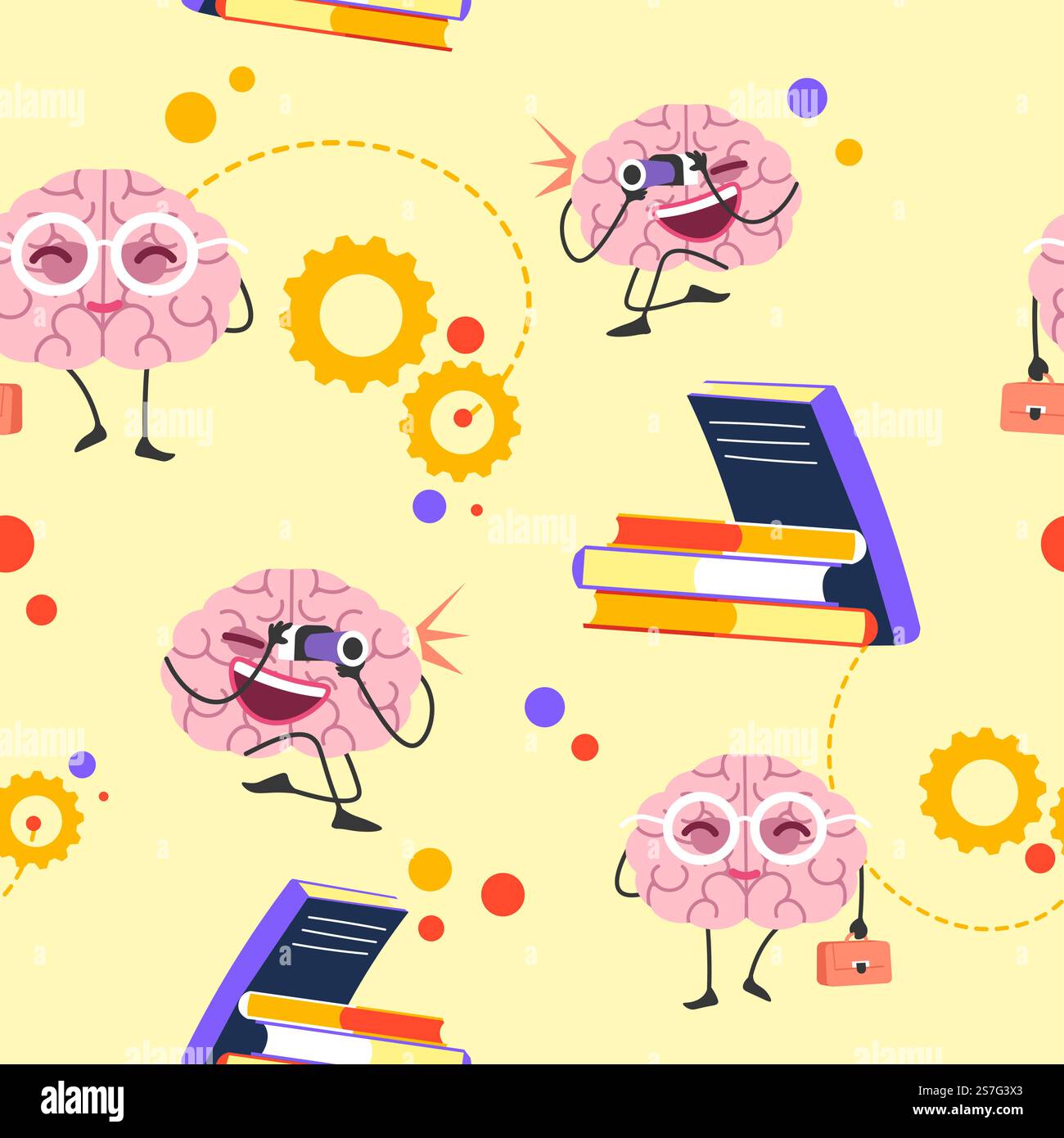 Brain character looking through binoculars. Mind with books and ...