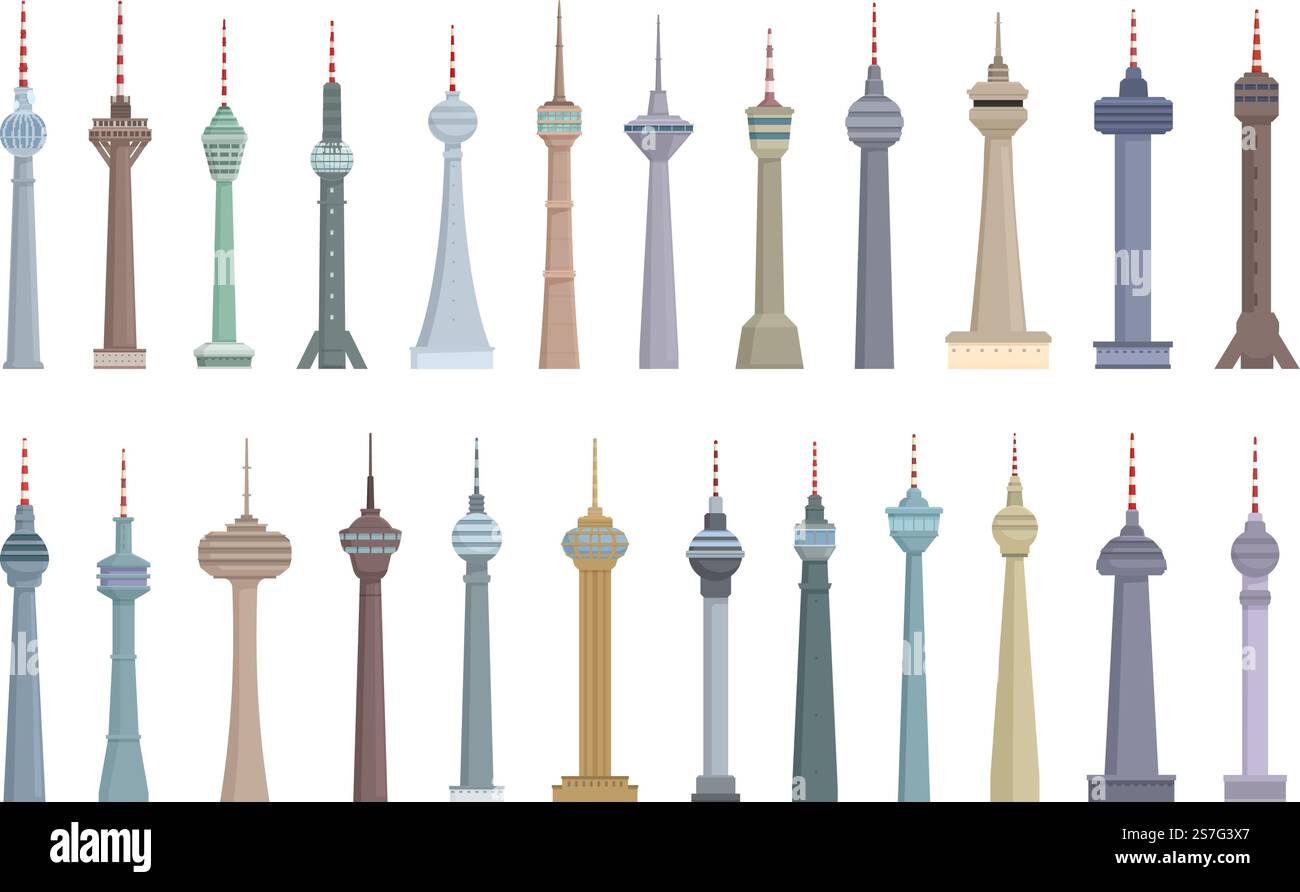 TV tower icons set cartoon vector. Tower travel. Skyline centre. TV ...