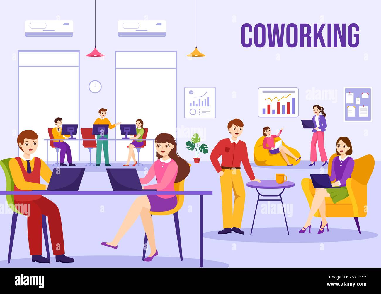 Coworking Business Vector Illustration with Colleagues Talking, Meeting ...