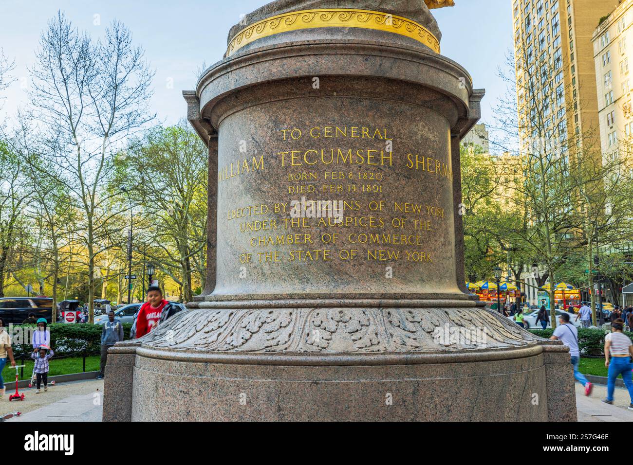 Close-up view of granite pedestal of General William Tecumseh Sherman ...
