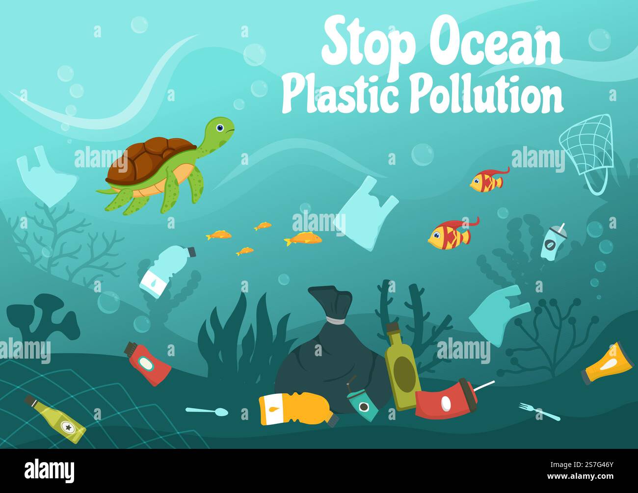 Stop Ocean Plastic Pollution Vector Illustration with Trash Under the ...
