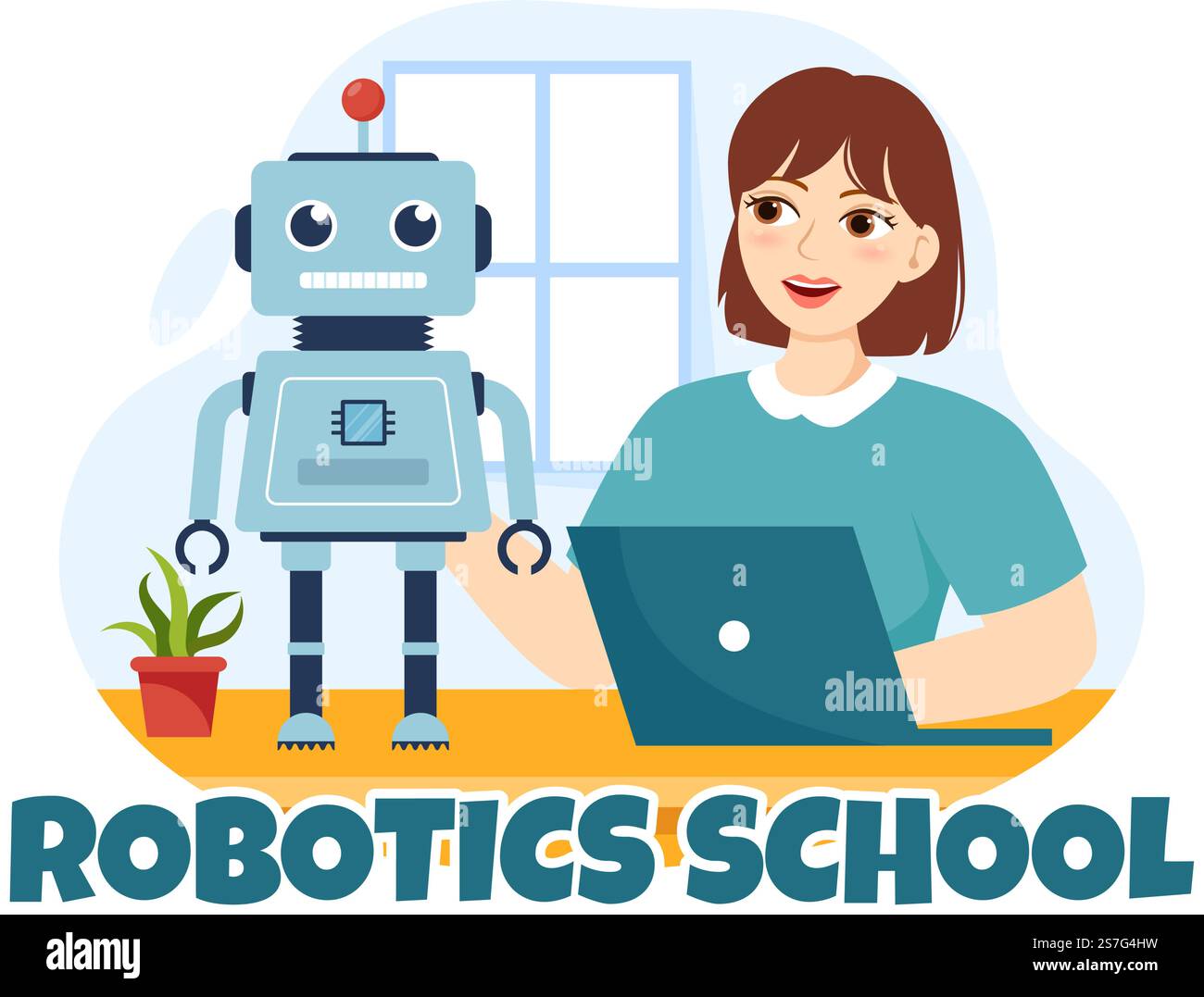 Robotics School Vector Illustration with Youth Robotic Project to ...